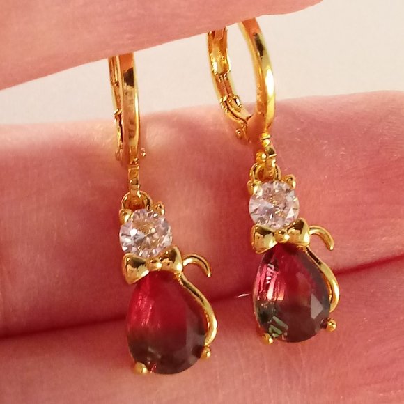 Jewelry | 18k Yellow Gold Filled Cat Red Diamond Zircon Dangle Earrings ...